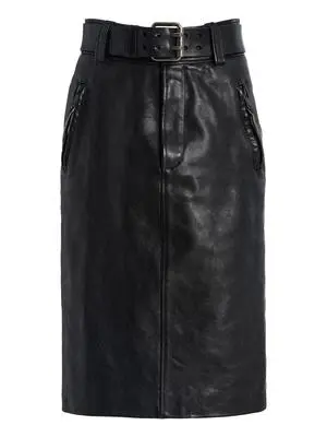 SAINT LAURENT Belted High-Rise Leather Midi Skirt