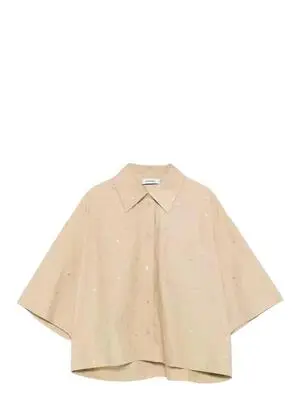 Sandro Oversized Cotton Shirt With Rhinestone Embellishments - Neutrals