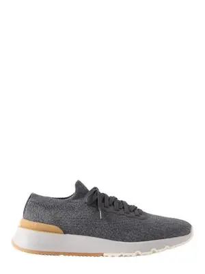 Brunello Cucinelli Brunello Cucinelli Leather-Trimmed Stretch-Knit Sneakers Gray