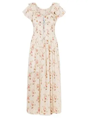 DÔEN Illiana Lace-Trimmed Shirred Floral-Print Organic Cotton Dress