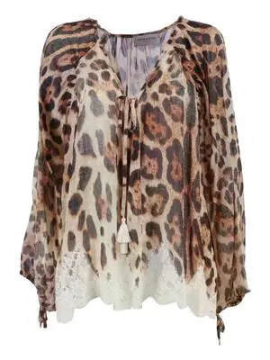 ERMANNO FIRENZE Leopard-print Lace-trim Blouse - Neutrals