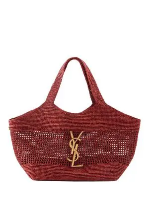 SAINT LAURENT ICARE Maxi Leather-Trimmed Raffia Tote