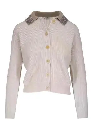 Brunello Cucinelli Ribbed-knit Cardigan With Embellished Collar - Neutrals