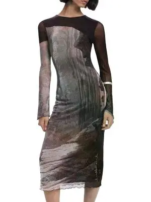 Desigual Printed Long-sleeve Midi Dress - Brown