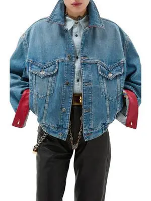 Versace Oversize Colorblock Denim And Leather Trucker Jacket Medium Blue Red