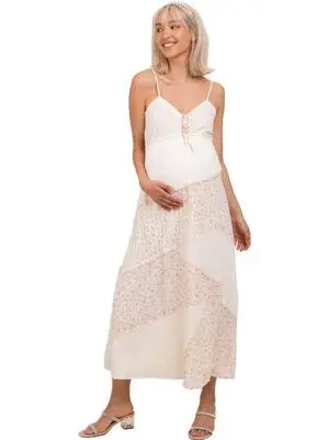 PINKBLUSH Floral Sweetheart Neck Maternity Midi Dress - Cream