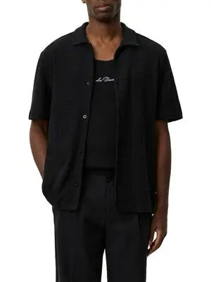 LES DEUX Hector Cotton Blend Pointelle Short Sleeve Shirt - Black
