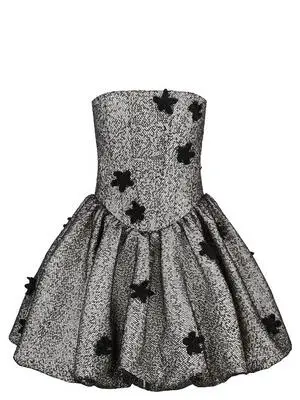 MALVA FLOREA Sequin Balloon-hem Mini Dress With Crochet Florals - Black