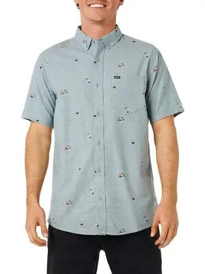 Rip Curl Skelly Breach Tropical Print Short Sleeve Cotton Chambray Button-down Shirt - Bluestone