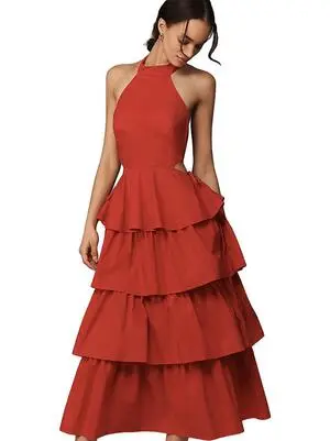 Endless Rose Tie Halter Cutout Cotton Midi Dress - Red