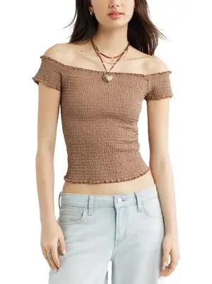 Bp. Off-the-shoulder Smocked Top - Brown Fresco