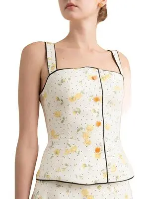 Tess Lorenz Peplum Top In Linen - White With Yellow Flower