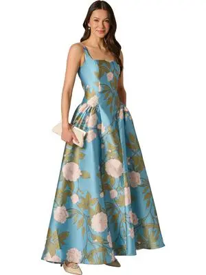 Adrianna Papell Drop Waist Square Neck Floral Ballgown - Blue Multi