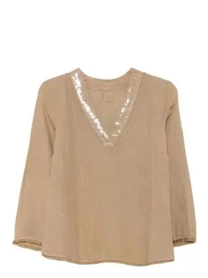 120% Lino V-neck Long Sleeve Blouse - Brown