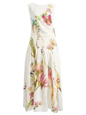REISS Bianca Placed Floral Linen Dress
