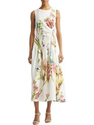 REISS Bianca Placed Floral Linen Dress - Ivory