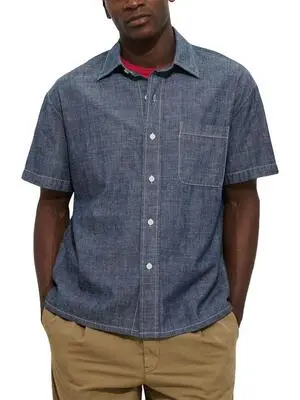ALEX MILL Franklin Short Sleeve Cotton Chambray Button-up Shirt - Medium Wash