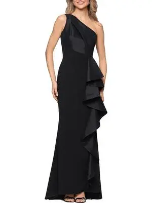 Betsy & Adam Mixed Media One-shoulder Ruffle Gown - Black