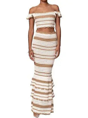 JLUXLABEL Striped Crochet Knit Skirt Set - Beige