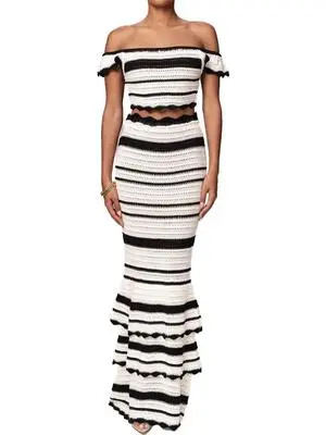 JLUXLABEL Striped Crochet Knit Skirt Set - Black