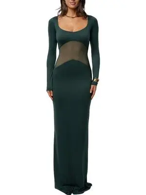 JLUXLABEL Long Sleeve Mesh Paneled Maxi Dress - Green