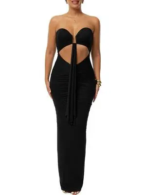 JLUXLABEL Strapless Draped Cutout Maxi Dress - Black