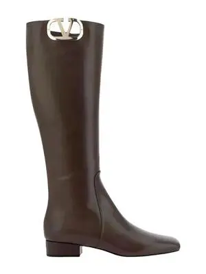 Valentino Garavani VLogo Leather Knee High Boots Brown