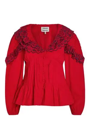 DAMSON MADDER Embroidered Cotton-poplin Blouse - Red