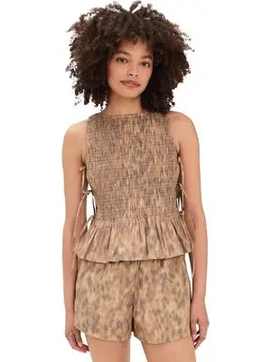 GANNI Cotton Smocked Tie String Top In Leopard Print - Burro