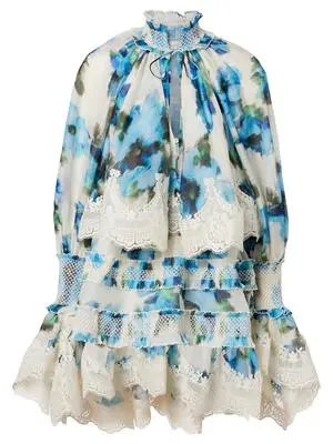 Zimmermann Floral Lace-trimmed Mini Dress - Blue
