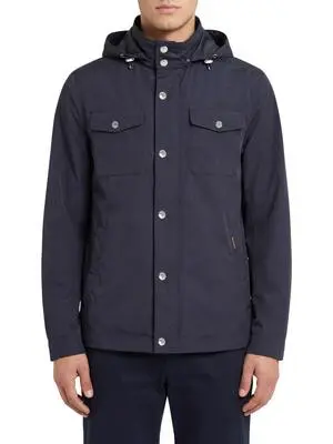 MOORER Solid Color Technical Fabric Windbreaker With Drawstring Hood - Blue