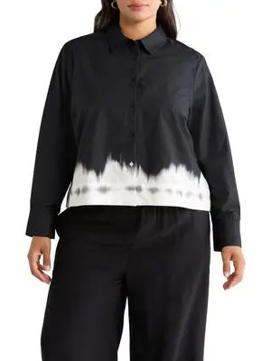Halogen Stripe Crop Cotton Poplin Button-up Shirt - Rich Black