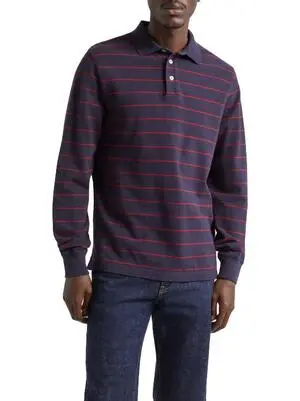 NOAH Stripe Long Sleeve Cotton Piqué Polo - Navy/red