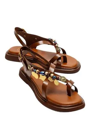 FOREVER & ALWAYS SHOES Hush Beaded Leather Sandal Cognac