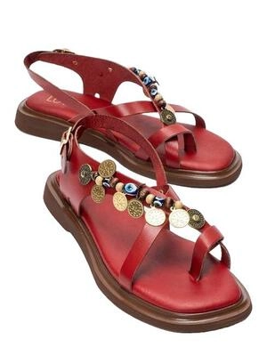 FOREVER & ALWAYS SHOES Hush Beaded Leather Sandal Red