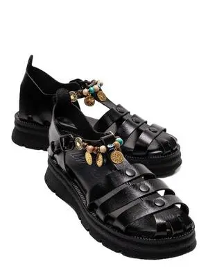 FOREVER & ALWAYS SHOES Solis Leather Beaded Sandal Black