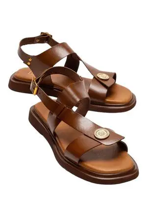 FOREVER & ALWAYS SHOES Leather Buckle Sandal - Cognac