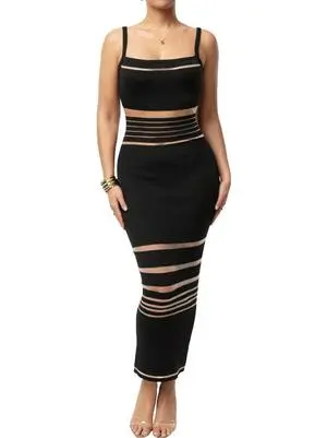JLUXLABEL Striped Rib Knit Midi Dress - Black