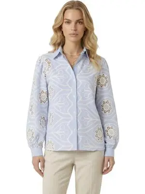 MODENAIRE Striped Eyelet Button-down Shirt - Light Blue/white