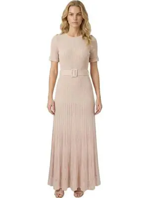 MODENAIRE Ribbed Knit Belted Waist Pleated Midi Dress - Beige