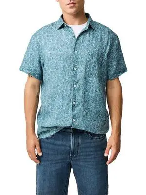Rodd & Gunn Whitlaker Leaf Print Short Sleeve Linen Button-up Shirt - Bluestone