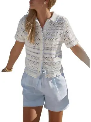 Mint Velvet Cotton Blend Stripe Crochet Top - Ivory