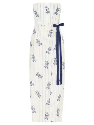 Agua Bendita Agua By Agua Bendita Cinefila Striped Linen Midi Dress With Floral Embroidery And Bow Detail Neutrals