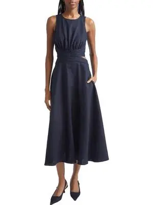 REISS Cutout Detail Linen & Cotton Dress - Navy