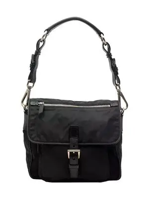 Prada Saffiano Trimmed Tessuto Shoulder Bag - Black