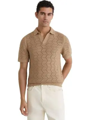 REISS Belford Pointelle-knit Open-collar Polo Jumper - Camel