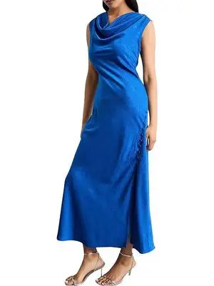 WAREHOUSE Cowl Bias Satin Button Detail Dress - Cobalt