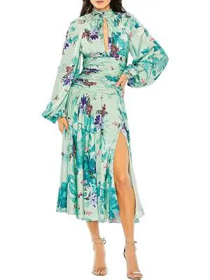 Mac Duggal Floral Satin Keyhole Long Sleeve Gown - Sage Multi