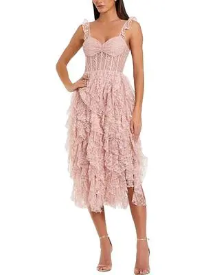 Mac Duggal Lace Bustier Midi Dress With Ruffles - Blush
