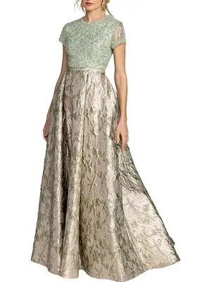 Mac Duggal Beaded Cap Sleeve Ball Gown - Sage